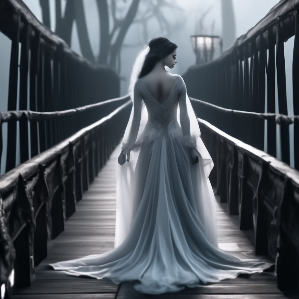 "A beautiful ghost bride girl stands on the bridge+ a lot of details ...