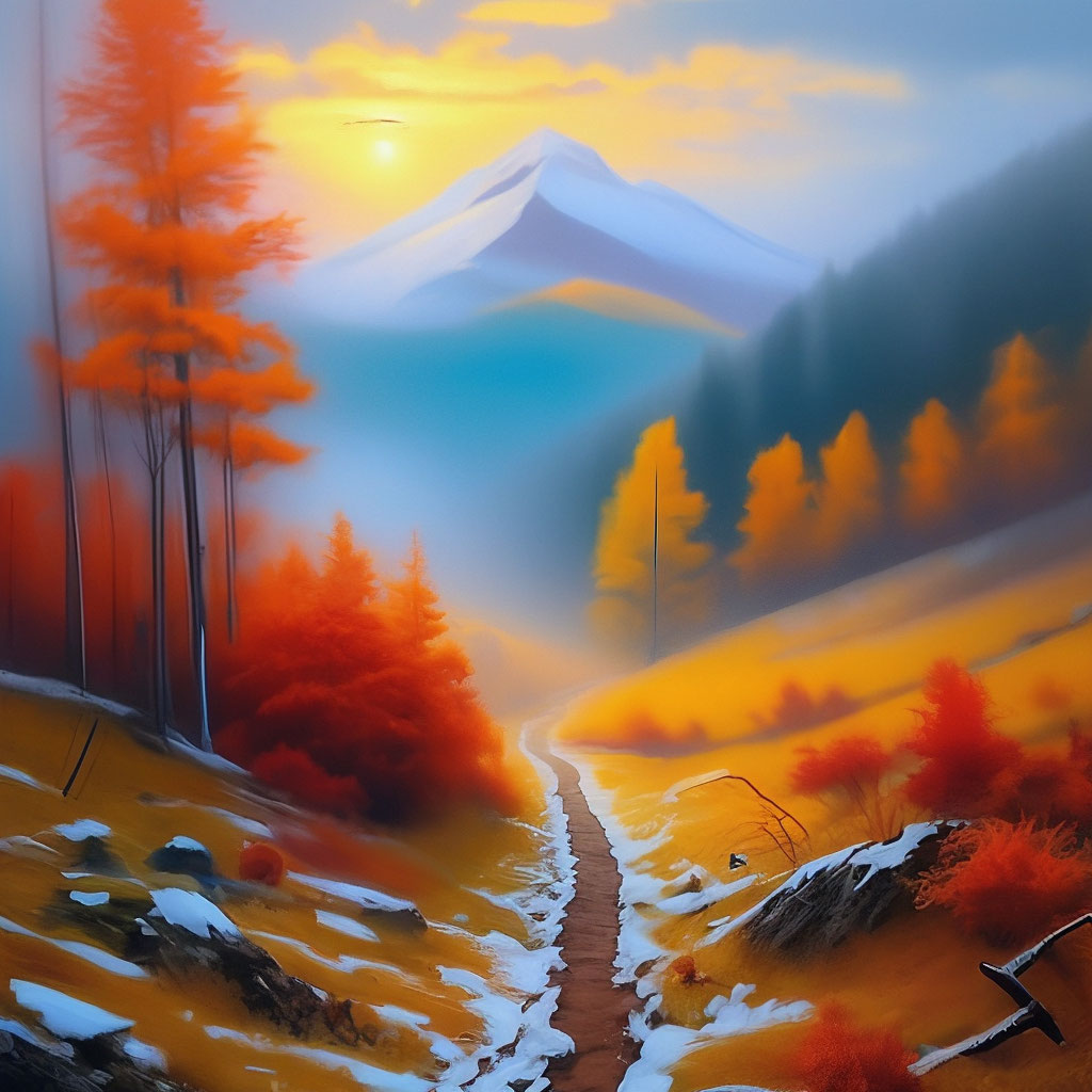 "Autumn morning, a mountain path in the forest, trees with yellow and ...
