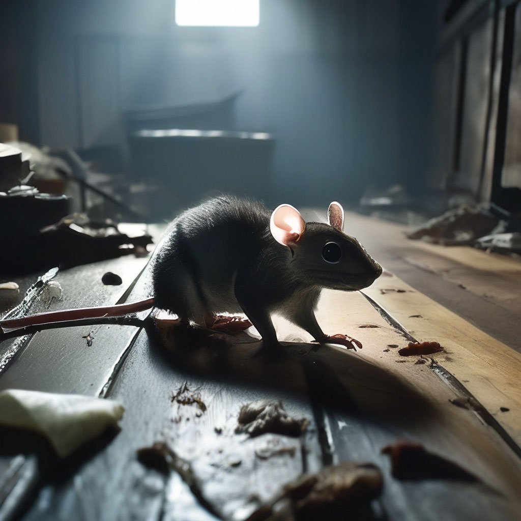 "Wooden floor, garbage, leftovers, a large rat, a chicken paw in the ...