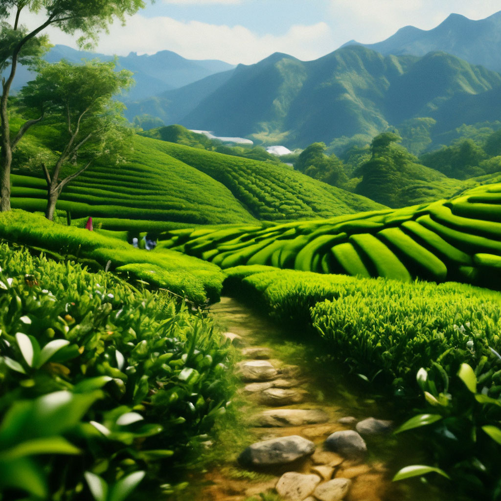 "Tea plantations, walking along the path, hyperrealistic, photorealism ...