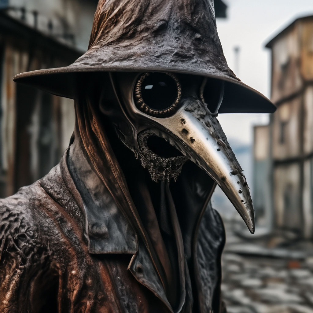 "Surrealism, plague doctor necromorph, wrinkled skin, scary, sharp ...