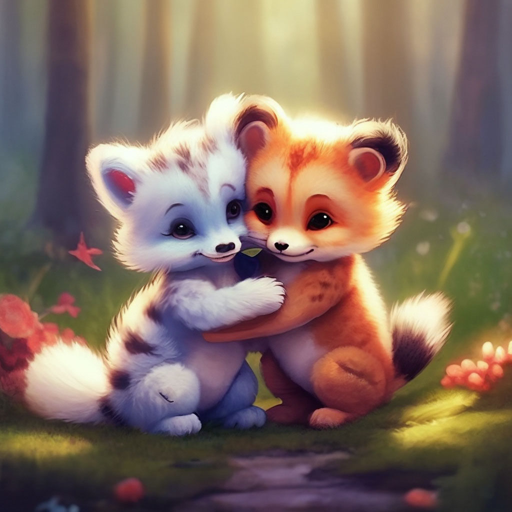"Let's live together!!! Cute fluffy little animals hugging." — image ...