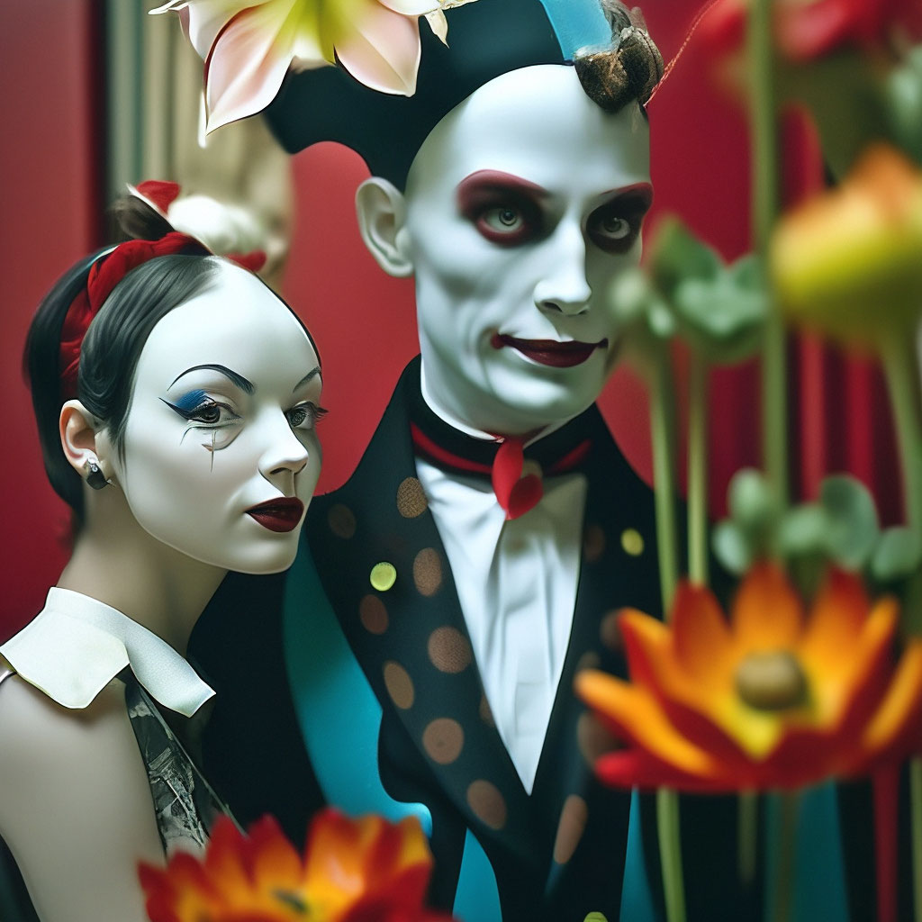 "Man harlequin and columbine, grotesque, dadaism, surrealism, art deco ...
