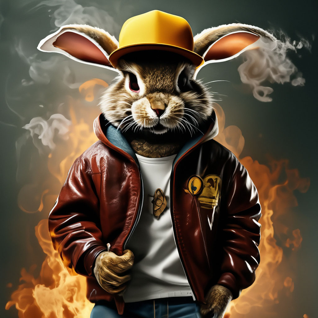 "Cartoon painted rabbit with a cigarette in his mouth in wide rapper ...