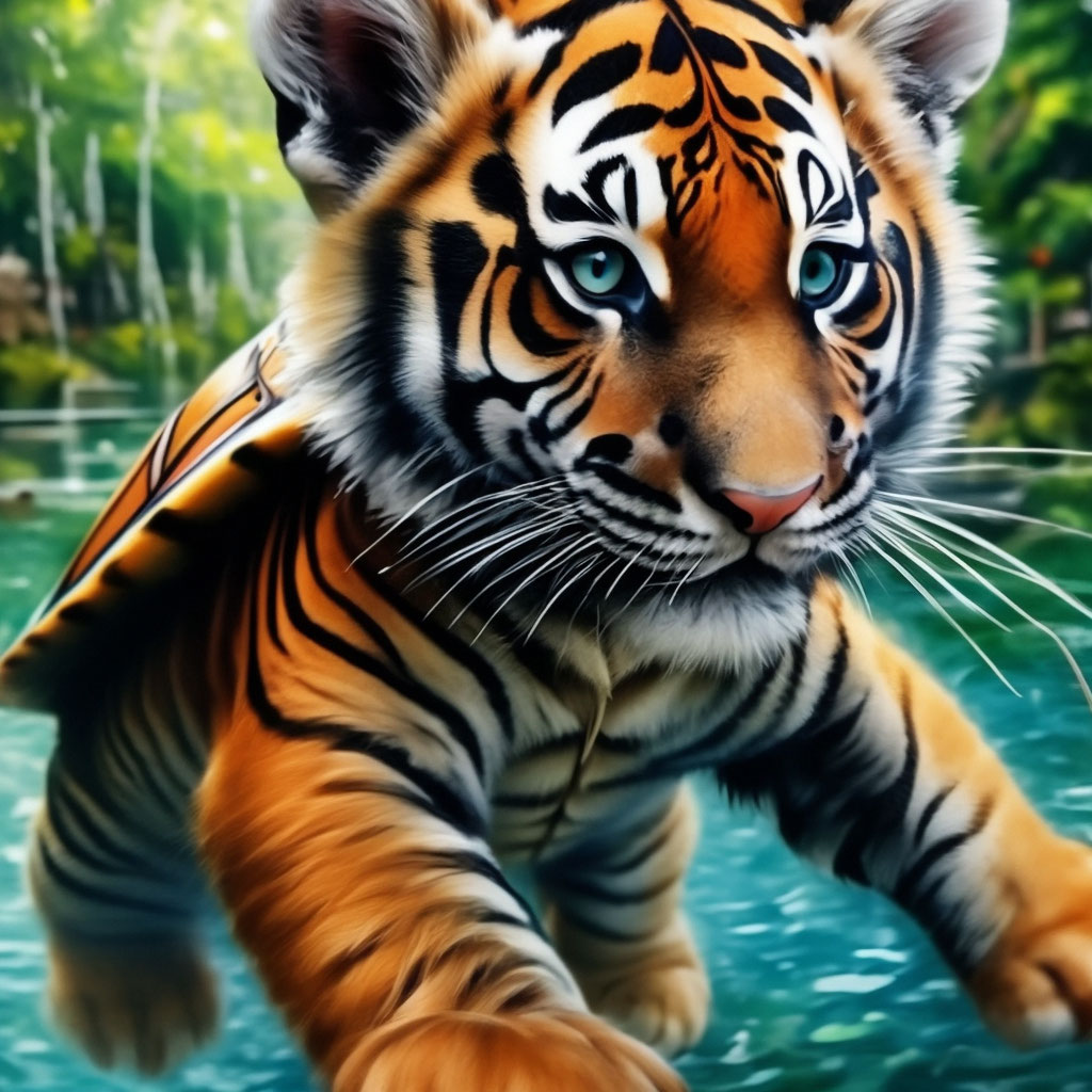 "🍇🧃 watercolor, drawing, photorealism, realistic, tiger cub and turtle ...