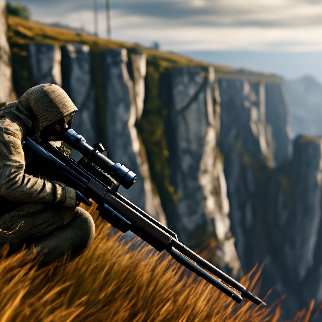 "Sniper, fighter, cliff, high grass, cinematic, brutal, dirty ...