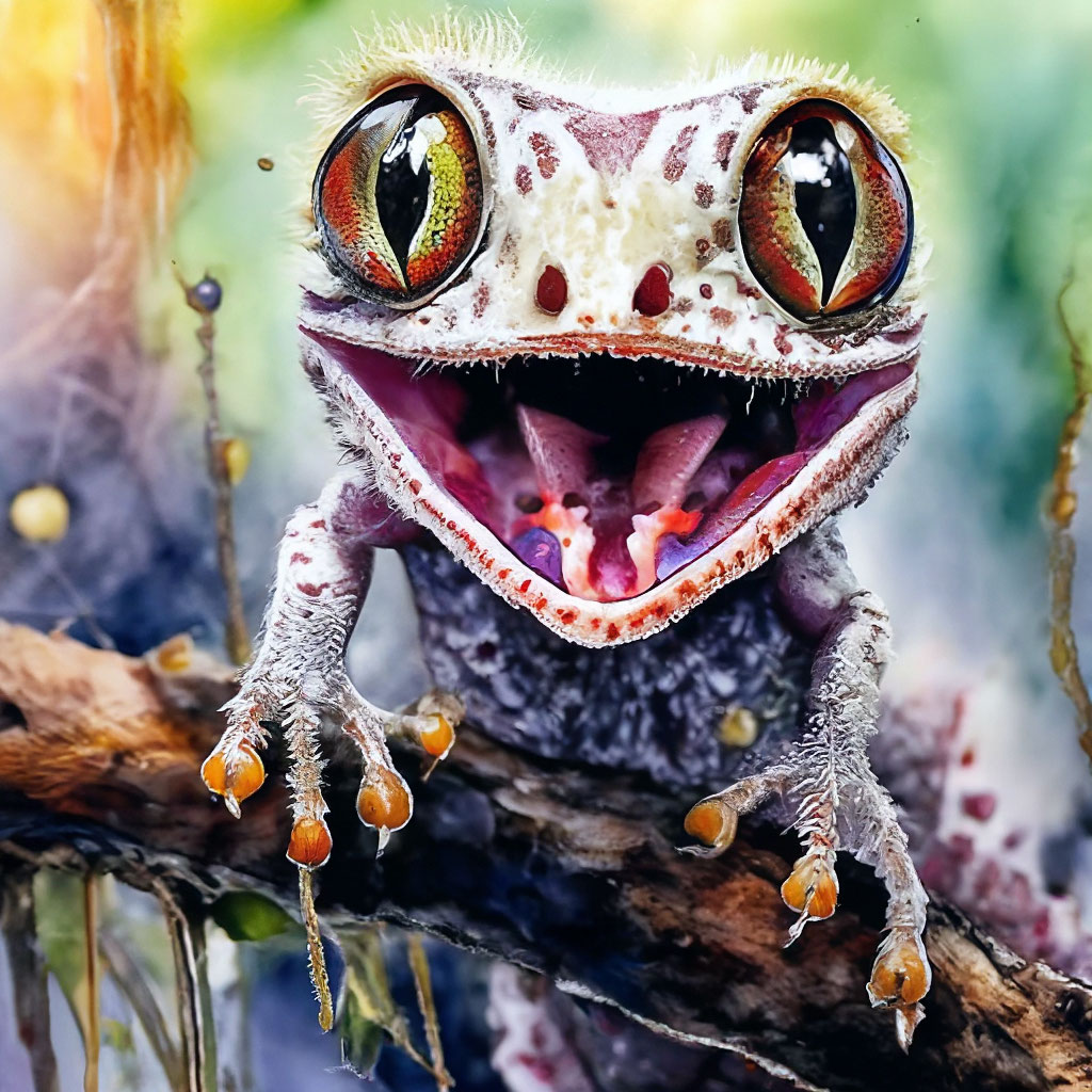 "Funny angry bug-eyed gecko opened his mouth, small sitting on a branch ...