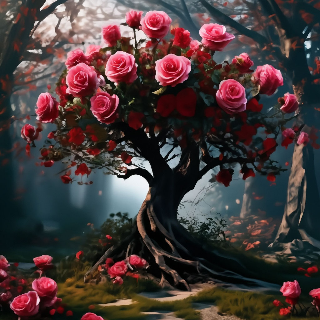 "Rose tree, forest edge, fabulous background, animated photo" — image ...