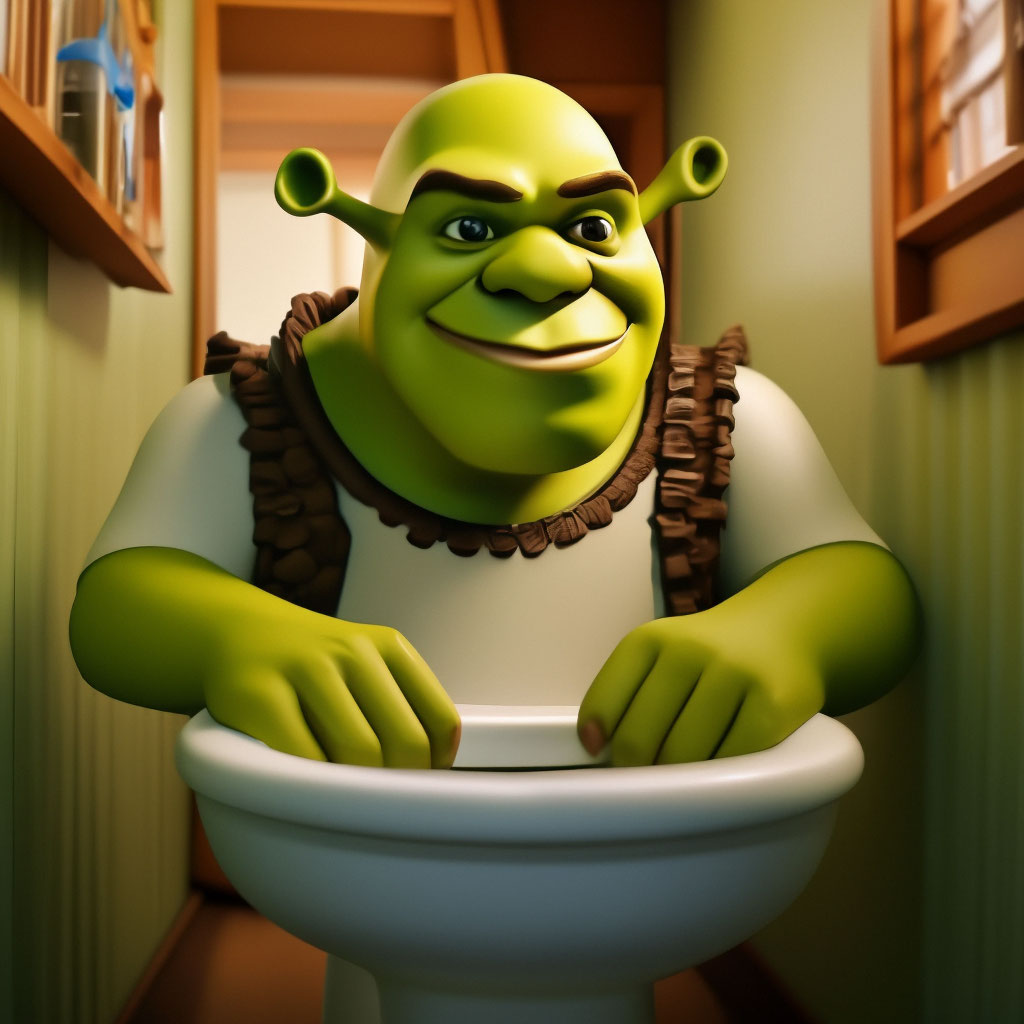 "Shrek's head is sticking out of the toilet" — image created in Shedevrum