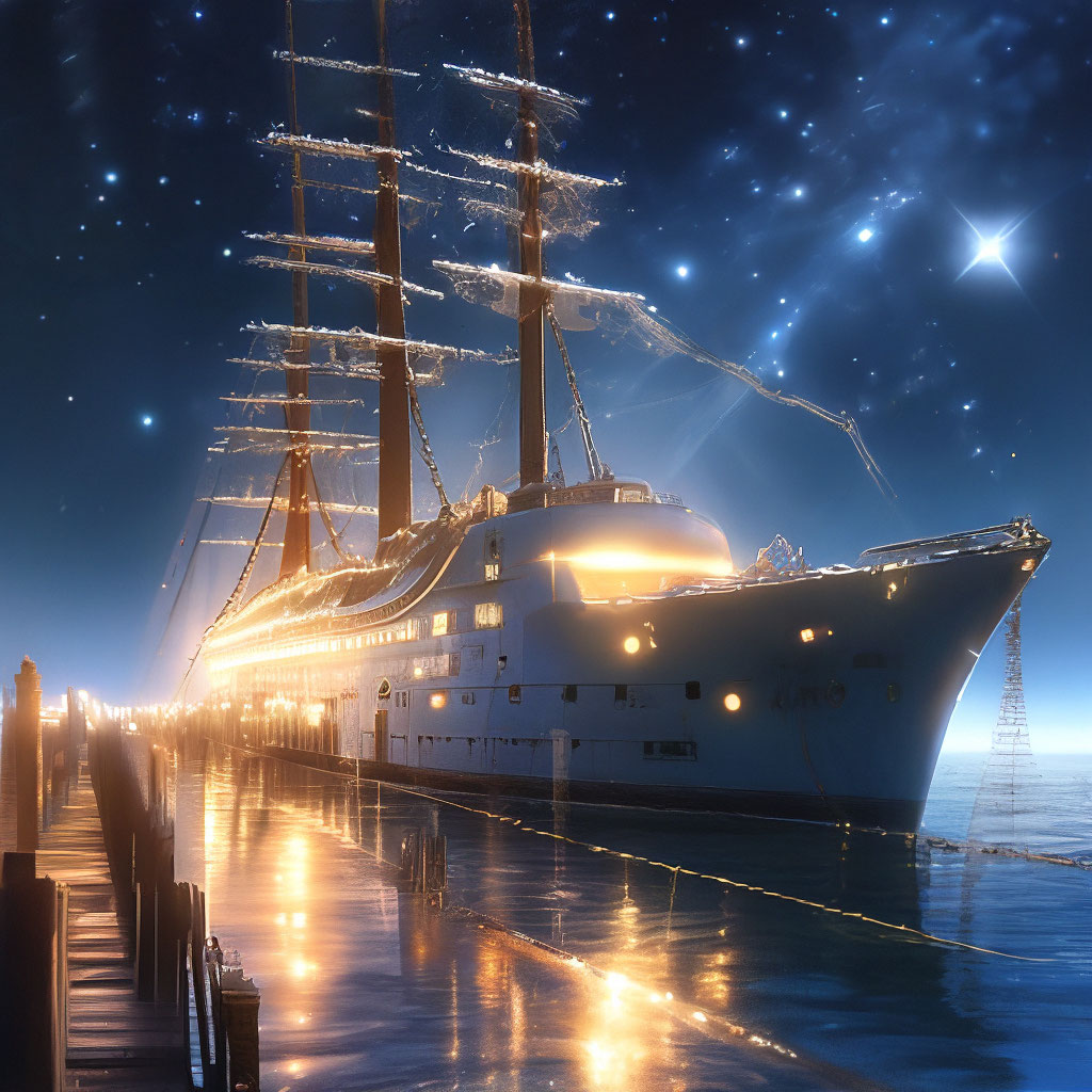 "Fantasy, horror, warm night, starry sky, a glowing ghost ship at the ...