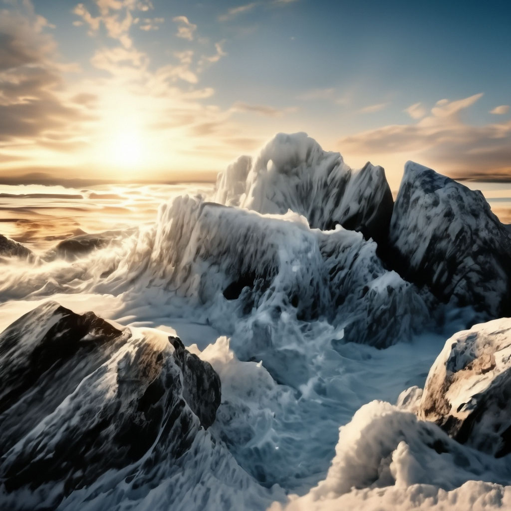"Ink and pen drawing, clouds of transparent ice in a clear sky, glare ...
