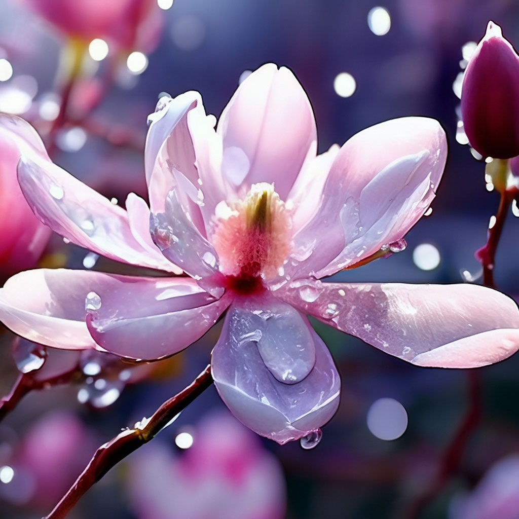 "Watercolor,drawing, magnolia flowers, dew drops, fog, magically ...