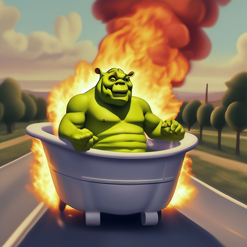 "Fire Shrek rides a bathtub on the road" — image created in Shedevrum