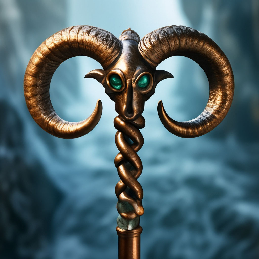 "An ancient copper staff,the ends twisted down like the horns of a ram ...