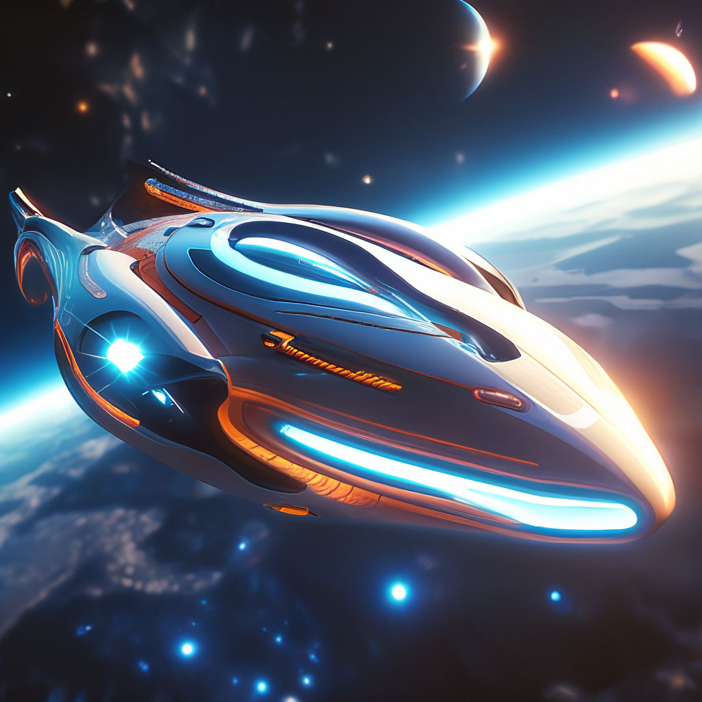 "Futuristic spaceship, with oval shapes, among the stars,, high ...