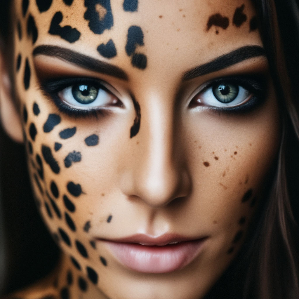 "A beautiful brunette girl turns into a leopard. One side of the face ...
