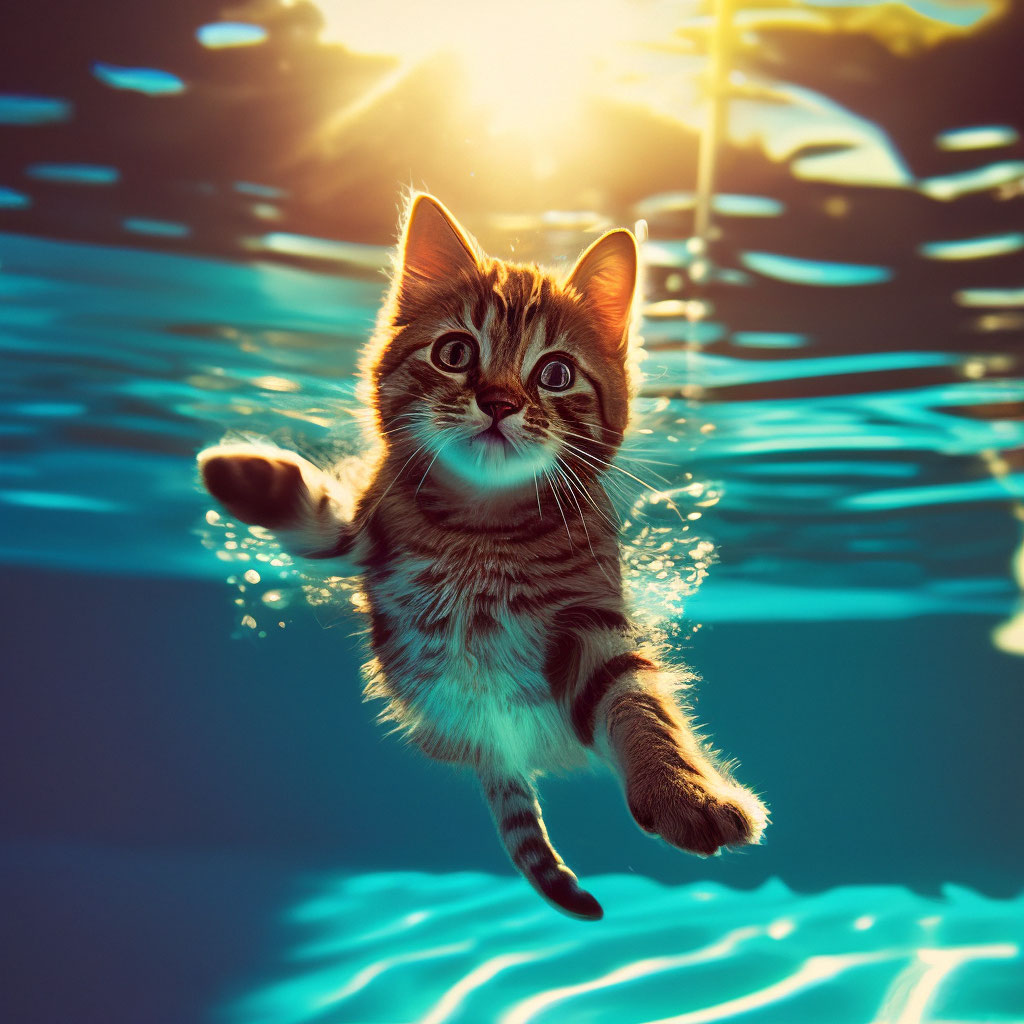 "The cat dives into the pool like a child on the cover of the album ...