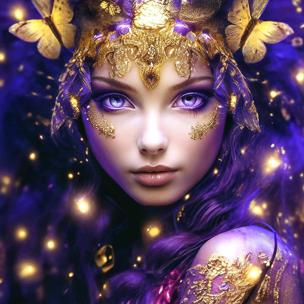 "Unusual beauty nymph woman close-up, huge purple eyes, fluffy ...
