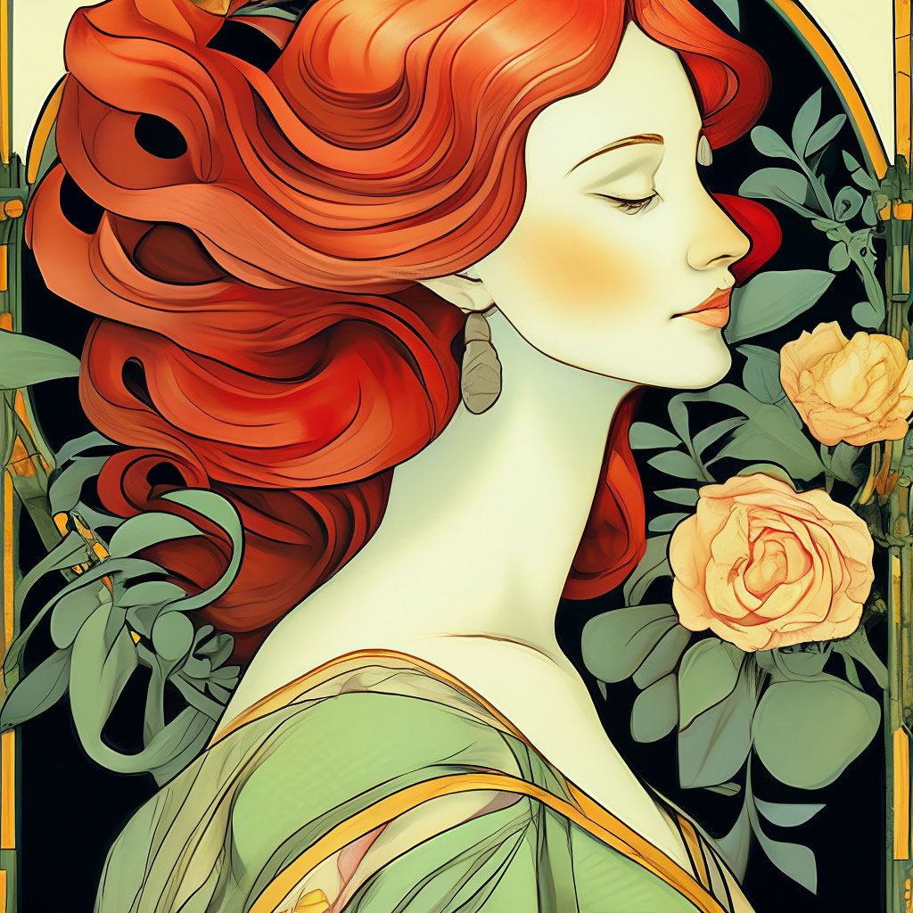 "Alphonse Mucha style portrait of a red head woman, full-lenght in ...