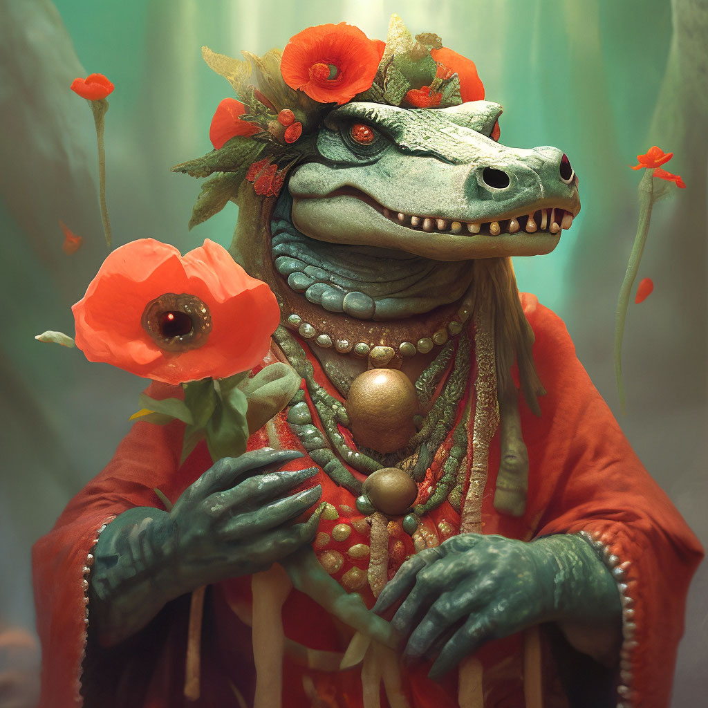 "Crocodile shaman with a poppy flower in his hand" — image created in ...