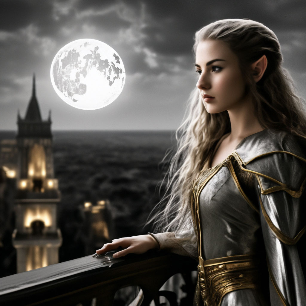 "Black and white gold far-wide-angle tolkien's elf girl stands on a ...