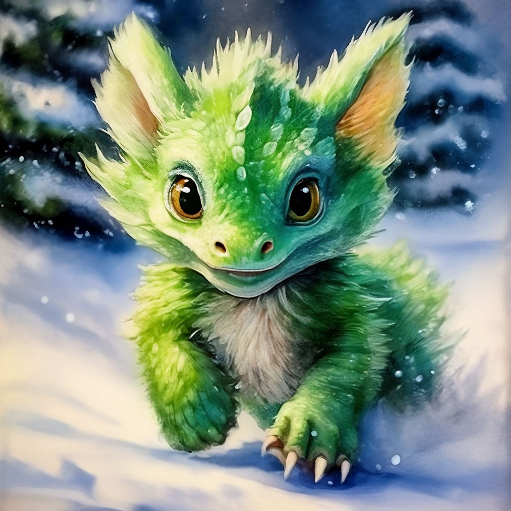 "An incredibly cute green dragon is fluffy and beautiful, all hairy and ...