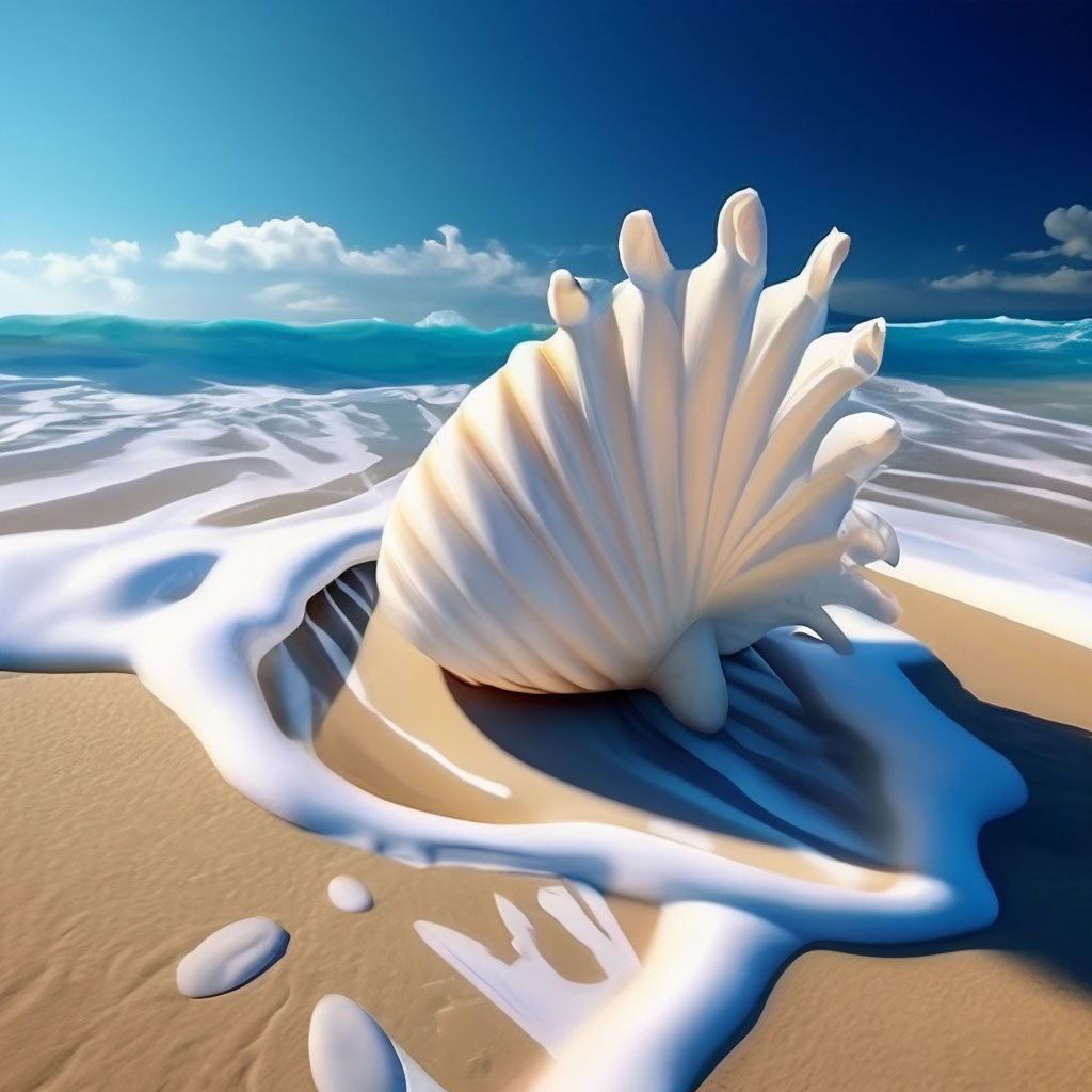 "The surf.Wave.Sand.Sea.A large white shell absorbed by the wave ...