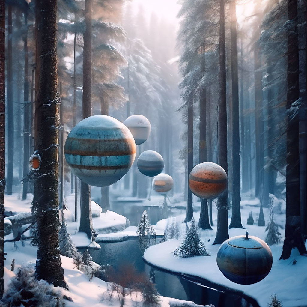 "The planets of the solar system in the winter forest levitate between ...