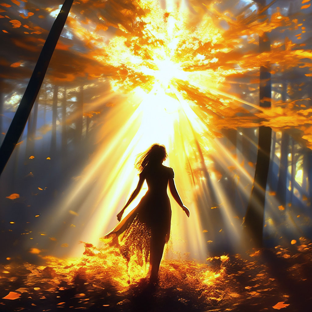 "Sunlight in the autumn forest, sun, silhouette of a girl, radiance ...