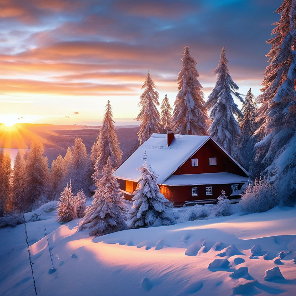 "Beautiful winter, fir tree, house, snow, sunrise, aesthetically ...