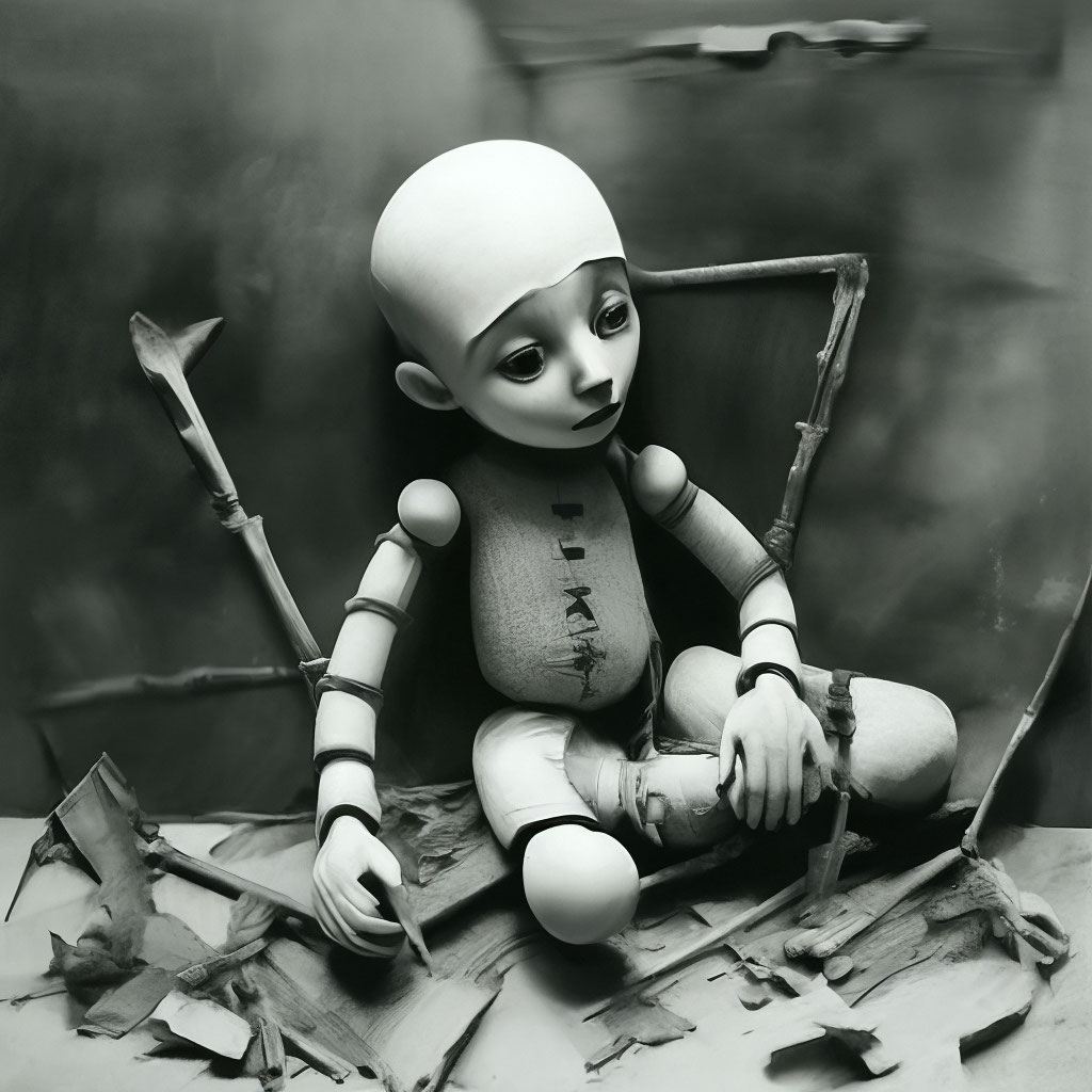 "A broken puppet. Grisaille" — image created in Shedevrum