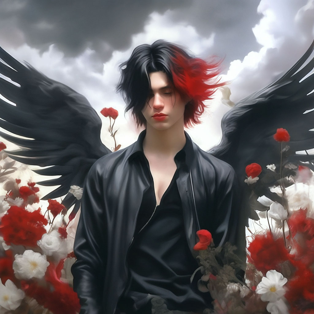 "Hyperrealism detailing a beautiful young angel guy with black and red ...