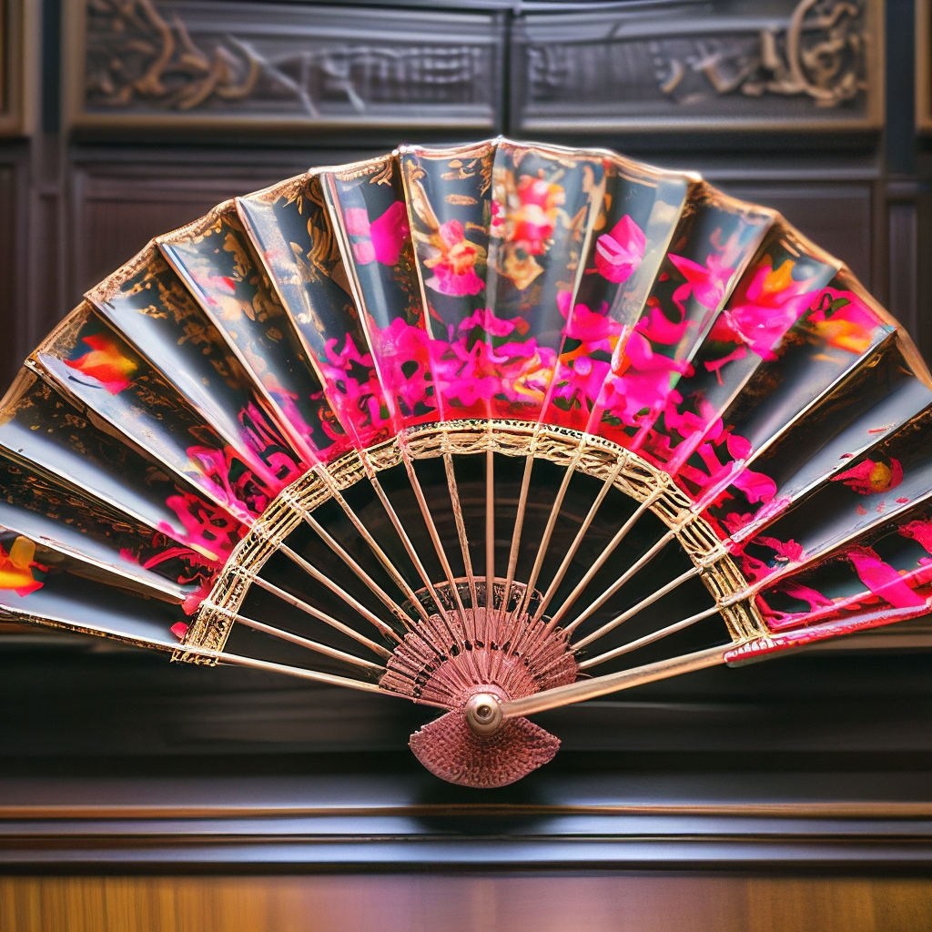 "Very beautiful wooden fan on a black wall, in Feng Shui style, with ...