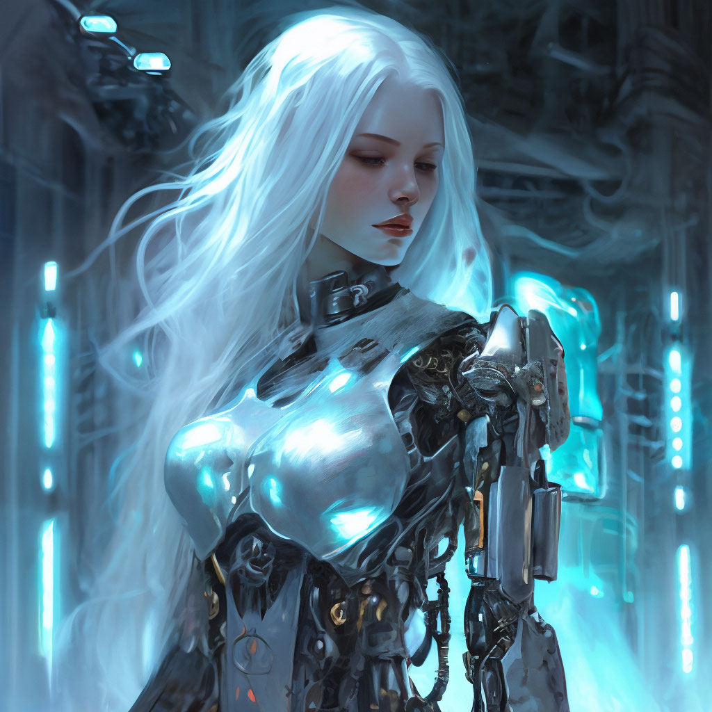 "Biomechanical cyborg girl, long white hair, steel corset, glow, close ...