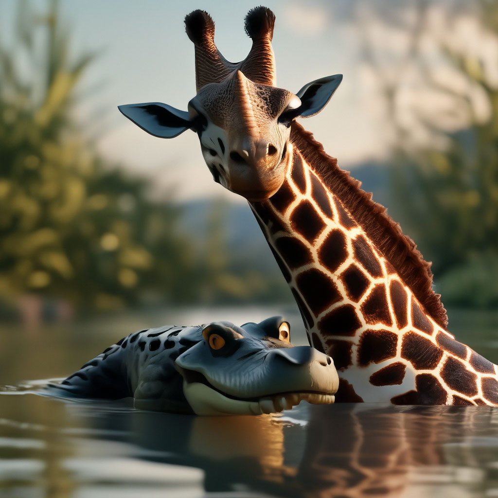 "Giraffe and crocodile" — image created in Shedevrum