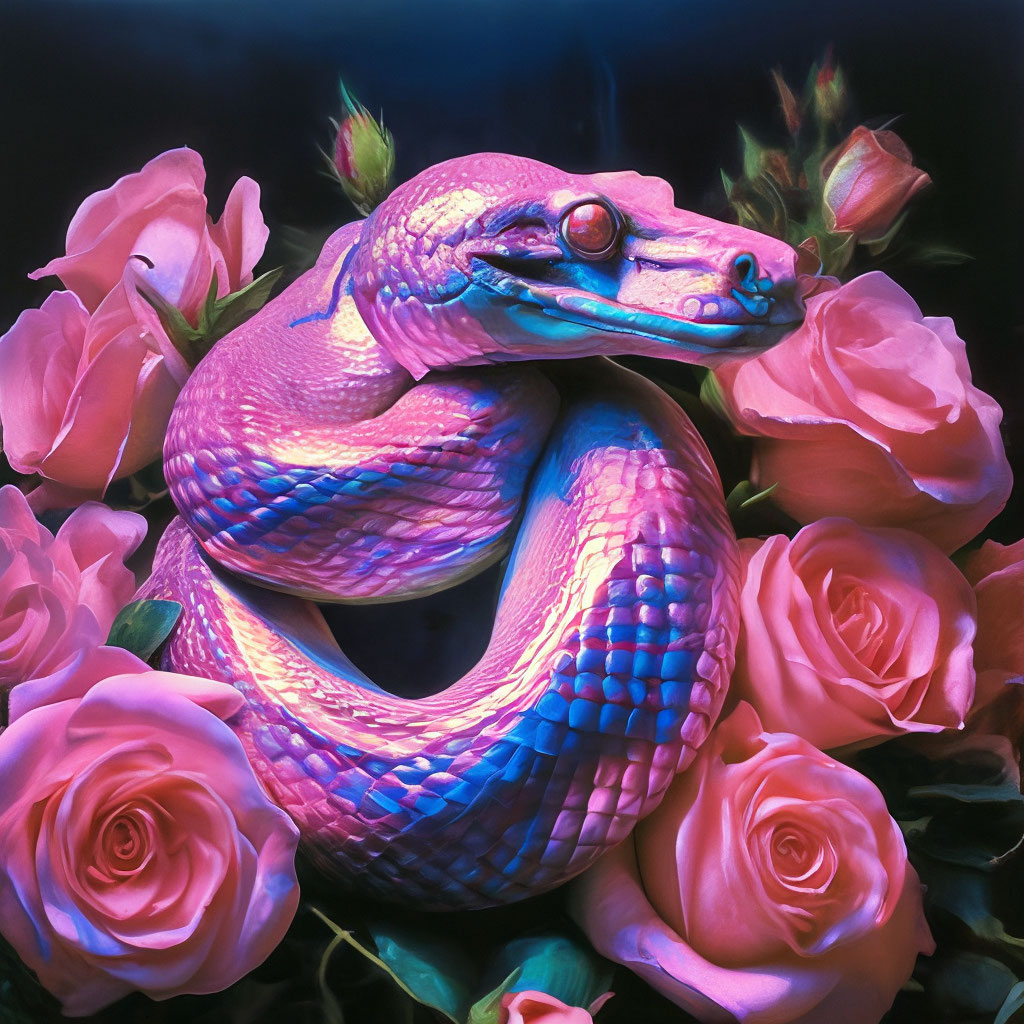 "Pink python with iridescent scales, in huge beautiful roses, hyperrealism, black background ...