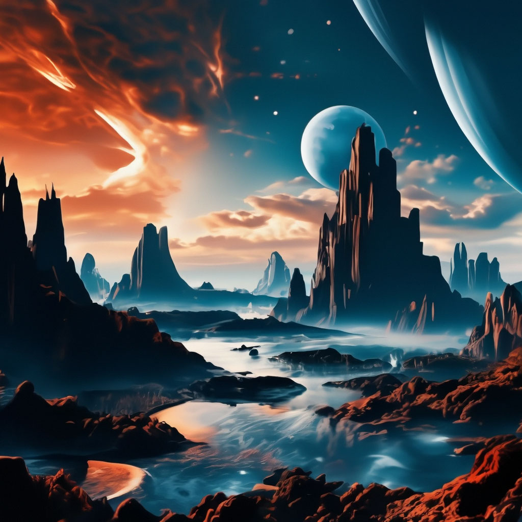 "Alien sky, starfall, landscape - flying islands, many planets in the ...