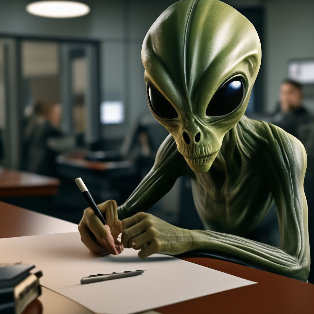"An alien writes an explanatory note at the police station ...