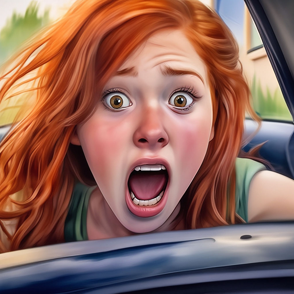 "A beautiful girl is learning to drive a car, very scared and confused ...