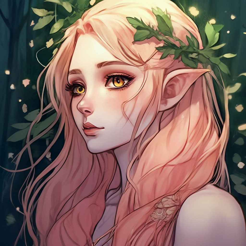 "Sad elf girl with long peach Fuzz pigtailed hair, face drawn in detail ...