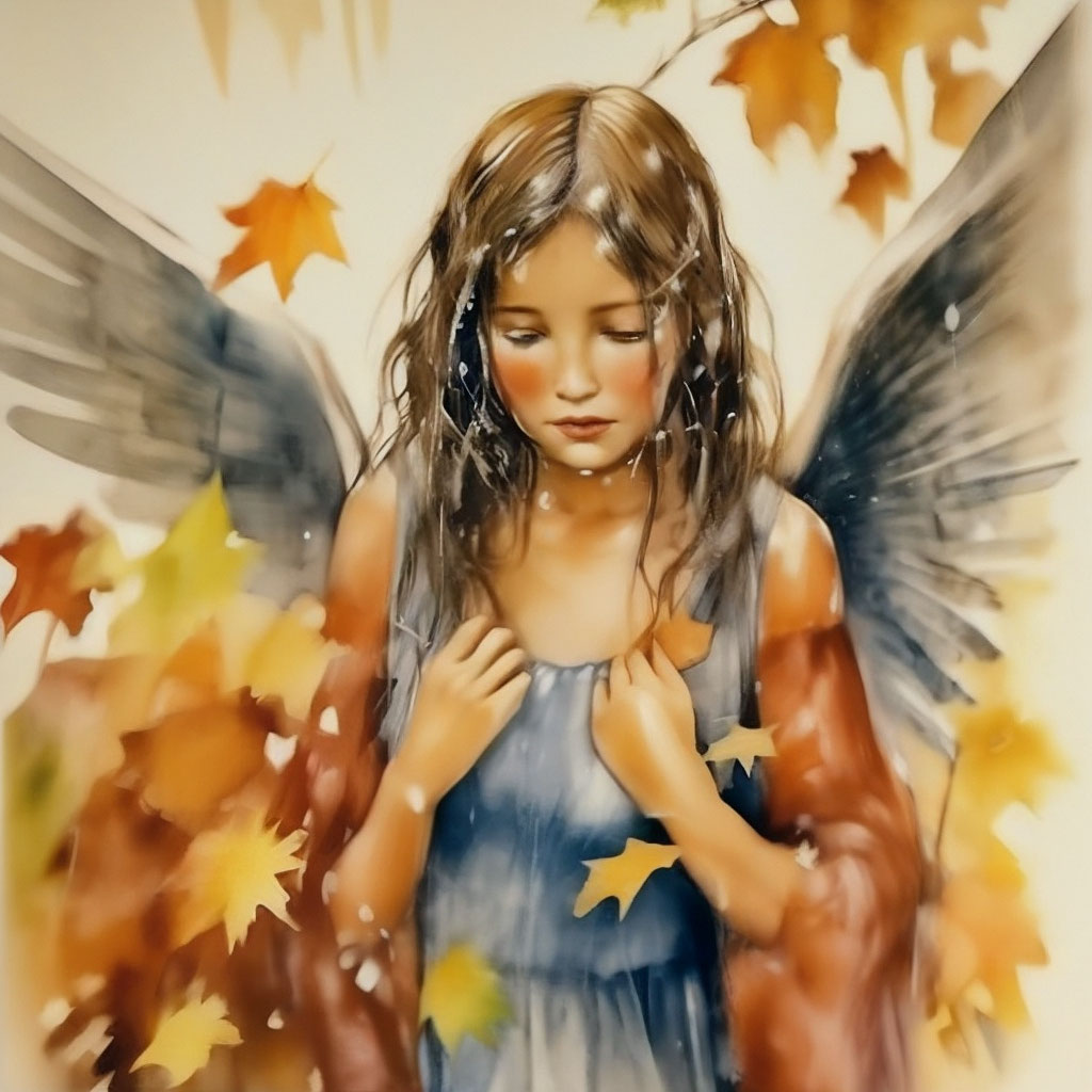 "Autumn angel hiding in the rain, wet wings, watercolor, beautiful ...