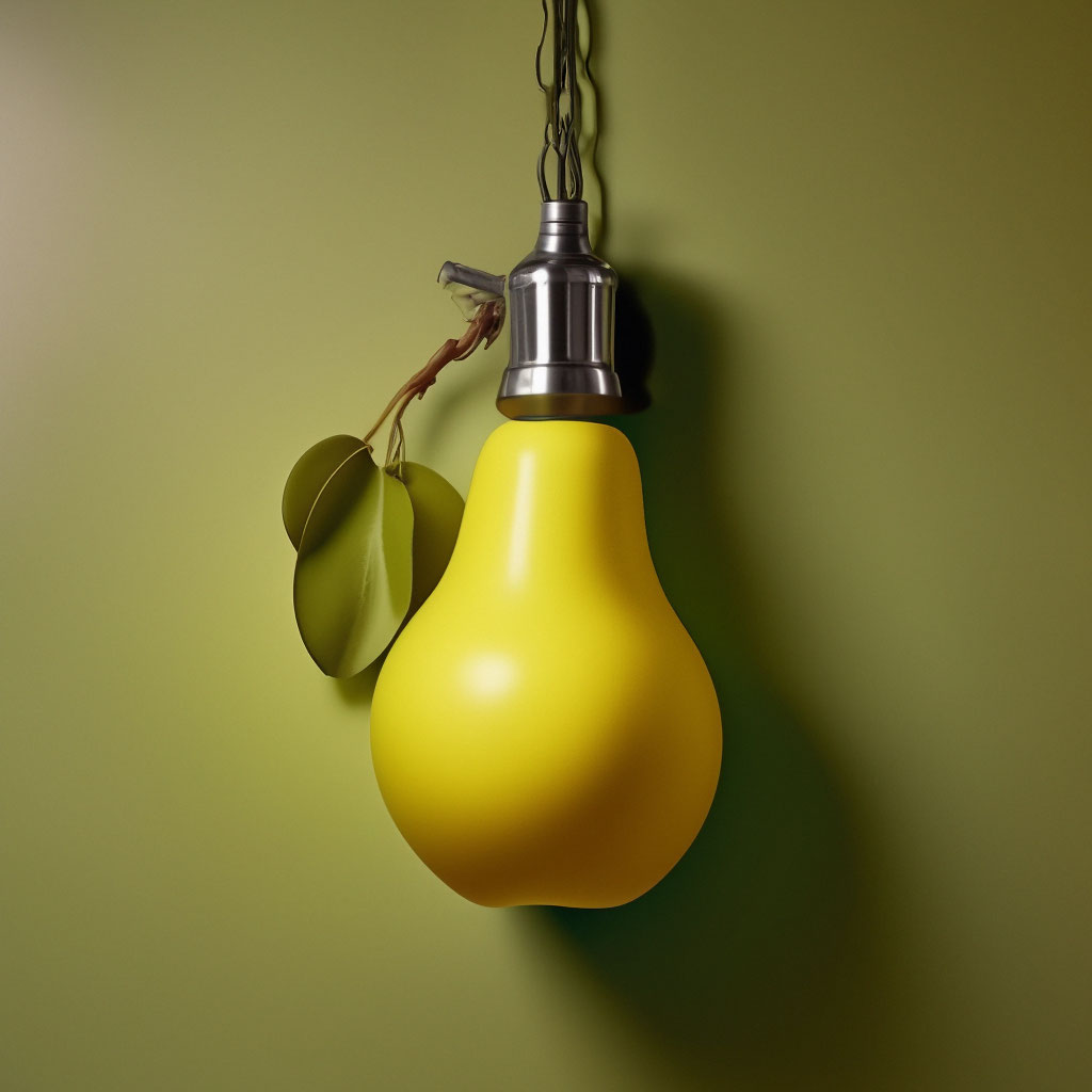 "Hanging pear can not eat,surrealism, light bulb" — image created in ...