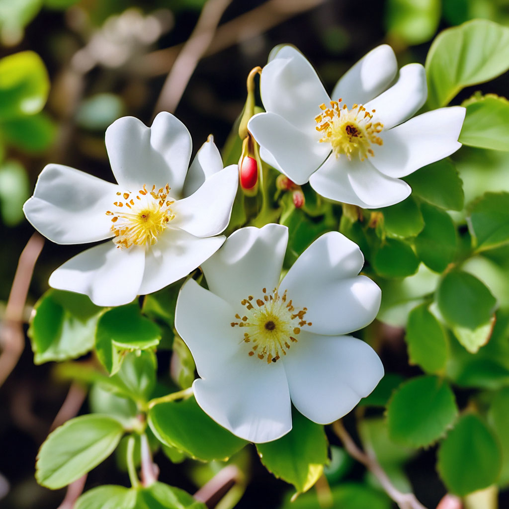 "Three white rosehip flowers" — image created in Shedevrum