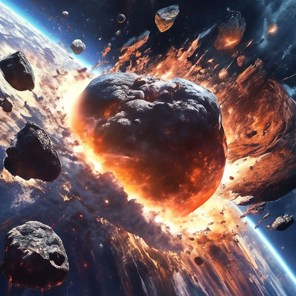 "Collision of a planet with an asteroid, big bang, blast wave, space ...