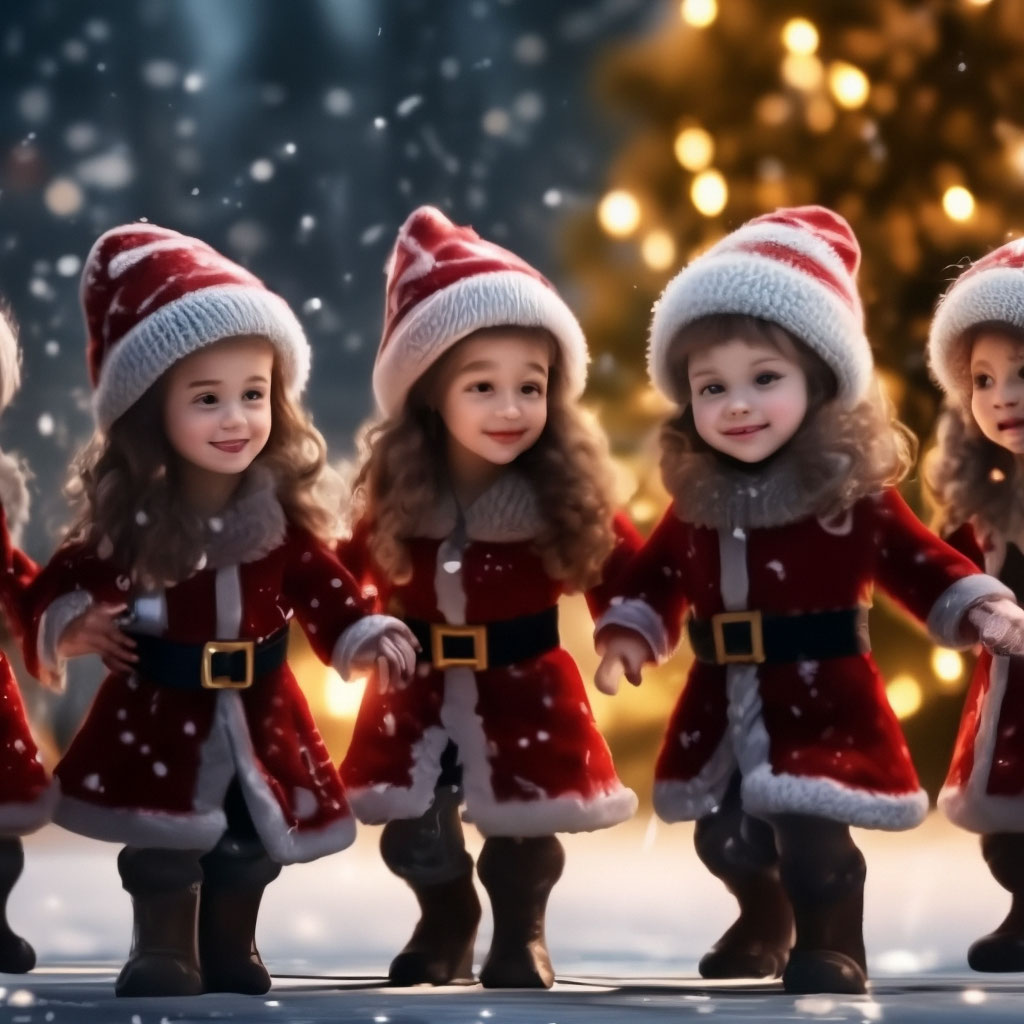 "Round dance of little children in Christmas costumes at the Christmas ...