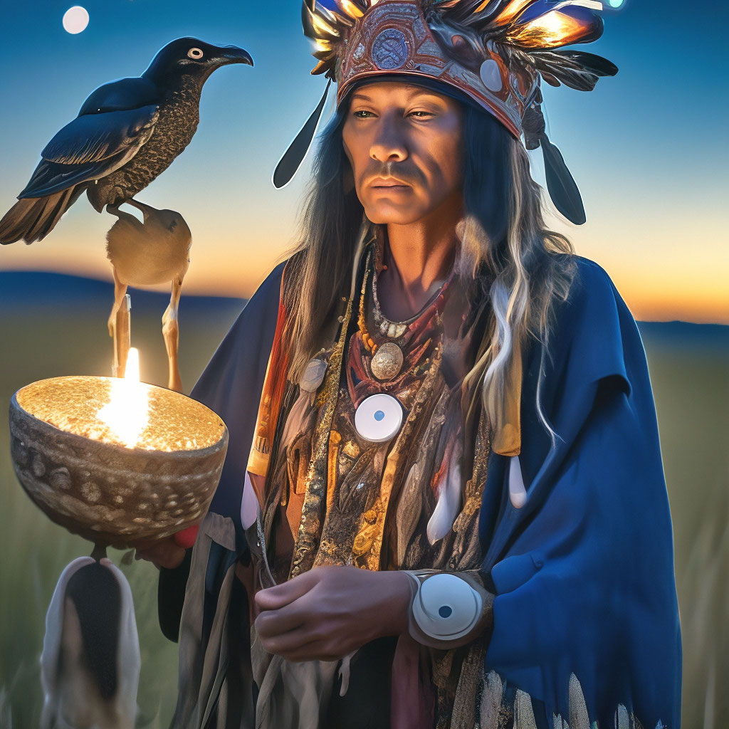 "Shaman, raven, feathers, tambourine in hands, plain, grass, sky ...