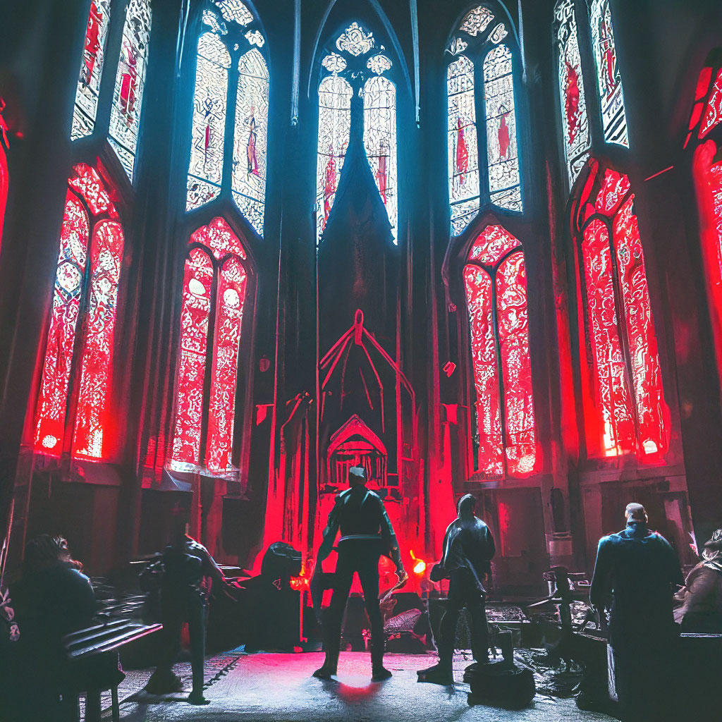 "Gothic metal, band on stage, inside a gothic cult building, red ...