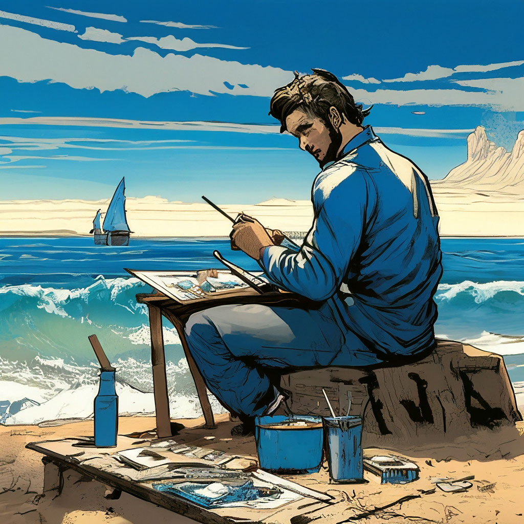 "On the seashore, a handsome imposing man artist paints a picture, a ...