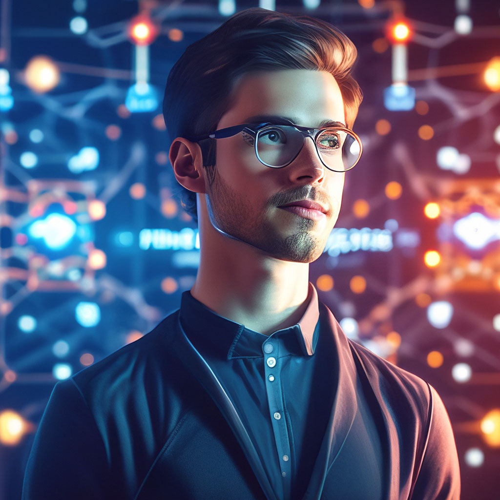 "A young male neuroengineer, against the background of a neural network ...