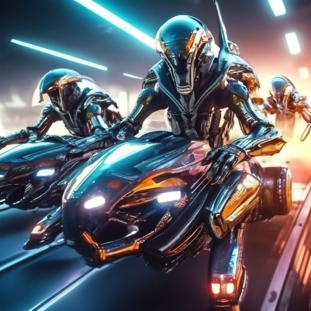 "Mega menacing aliens in cool exoskeletons with futuristic guns ride on ...